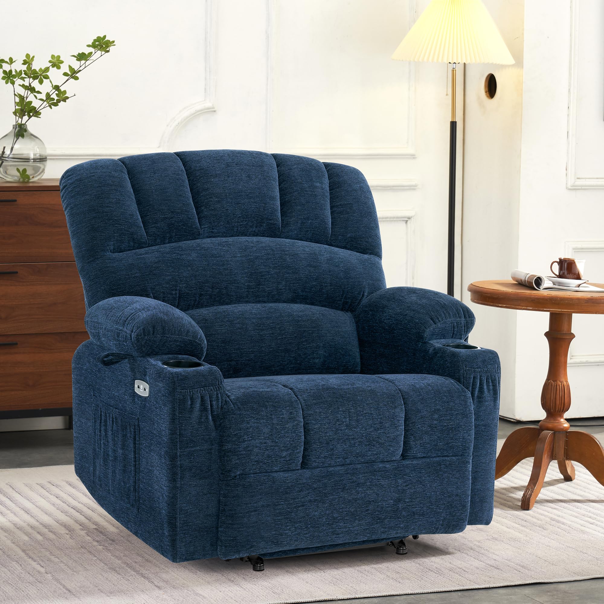 MCombo Power Lift Recliner Chair Sofa with Massage and Heat for Big Elderly People, USB Ports, Side Pockets, Fabric R7096 (Medium-Wide, Navy Blue)