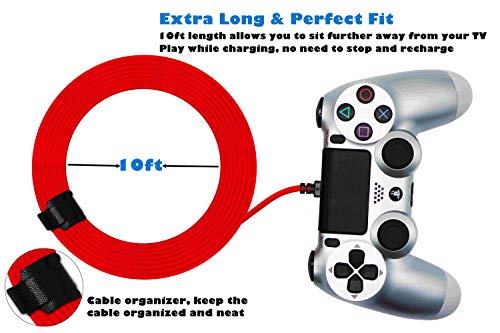 2 Pack 10ft Charging Charger Cable for PS4 Controller, Nylon Braided USB Charge Cable Data Sync Cord with Customized Connector for Sony Playstation 4/ PS4 Slim/ PS4 Pro Controllers (ONLY Fit PS4)