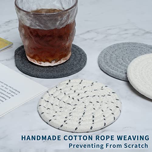 Coasters for Drinks Absorbent with Holder,Handmade Woven Coasters for Table Protection, Heat-Resistant Braided Coasters Set of 8, Great Housewarming Gift, Beige/Grey, Light Grey, Beige