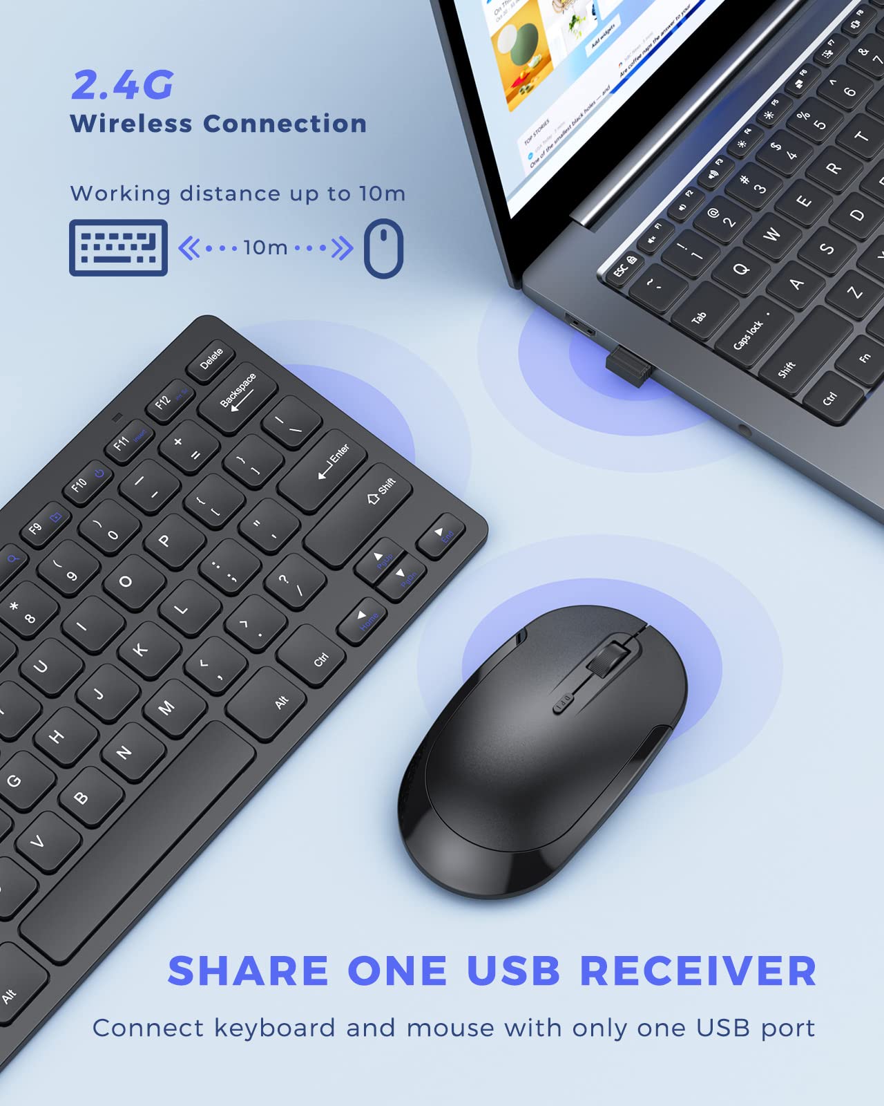 seenda Wireless Keyboard and Mouse Combo, Compact Small Keyboard Mouse Set with 2.4G USB Receiver, Slim Portable Keyboard and Silent Wireless Mouse for Laptop, Computer, Desktop, PC, Windows, Black