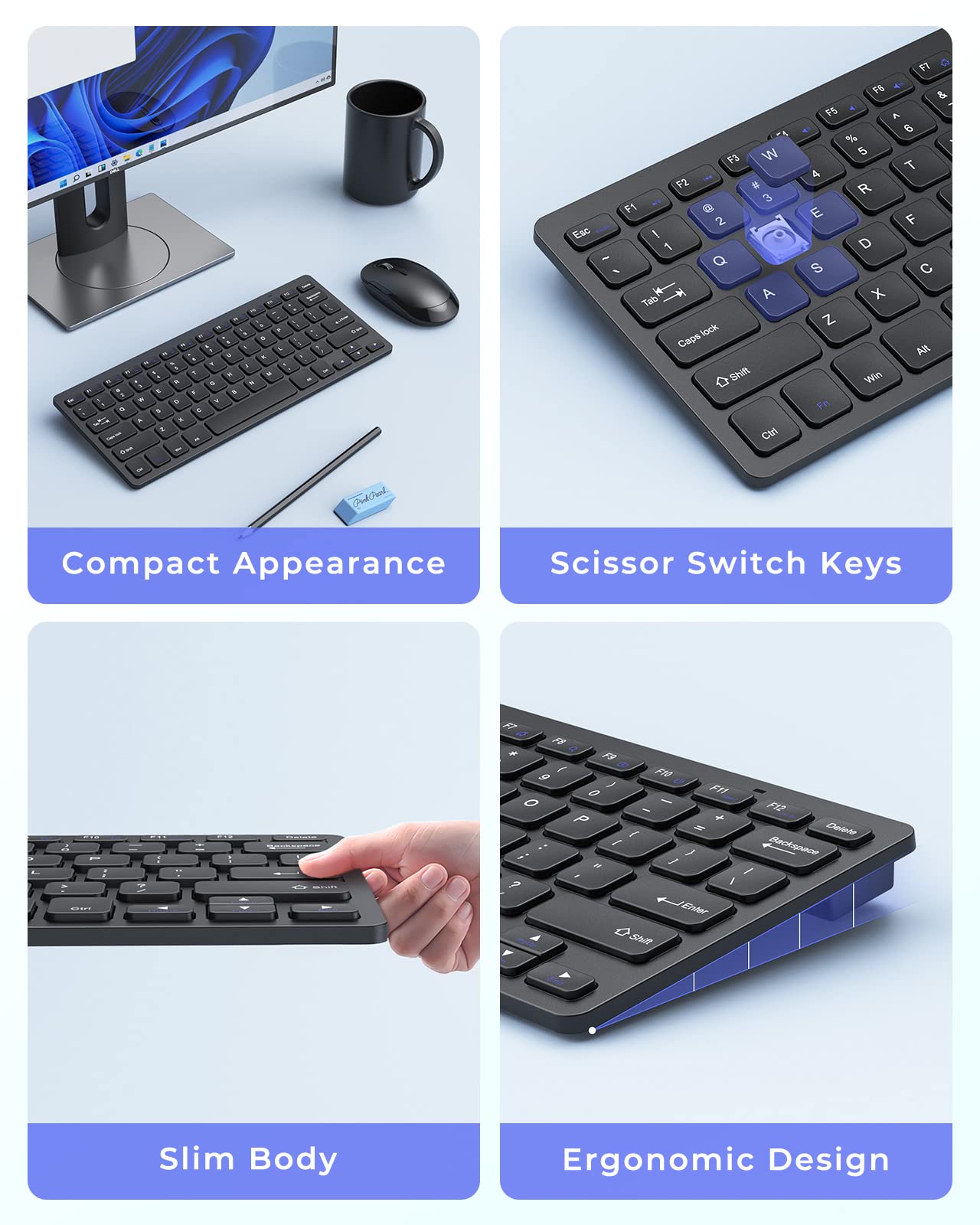 seenda Wireless Keyboard and Mouse Combo, Compact Small Keyboard Mouse Set with 2.4G USB Receiver, Slim Portable Keyboard and Silent Wireless Mouse for Laptop, Computer, Desktop, PC, Windows, Black