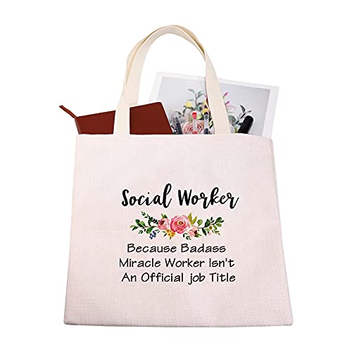 TSOTMO Social Work Appreciation Gift Social Worker Graduation Gift for Woman Because Badass Miracle Worker Isn't An Official Job Title canvas tote bags (Social Worker canvas)