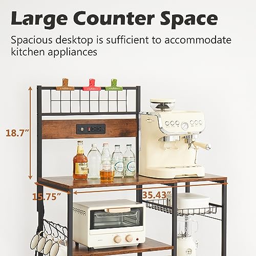 Leesingdo Kitchen Bakers Rack with Power Outlet, Microwave Stand, Coffee Bar Kitchen Storage Rack with Wire Basket, 6 Hooks, Kitchen Shelves for Spices, Pots, and Pans, Rustic Brown