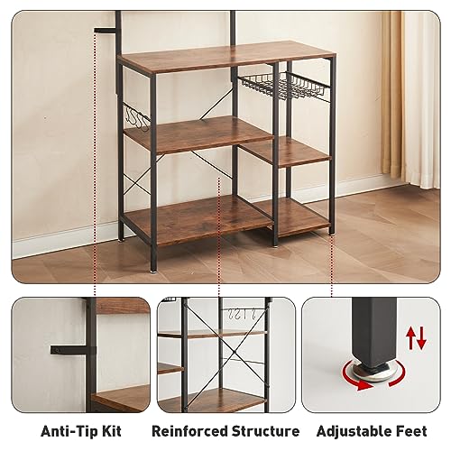 Leesingdo Kitchen Bakers Rack with Power Outlet, Microwave Stand, Coffee Bar Kitchen Storage Rack with Wire Basket, 6 Hooks, Kitchen Shelves for Spices, Pots, and Pans, Rustic Brown