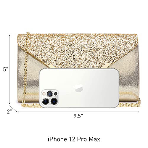 Dasein Women Evening Bags Formal Clutch Purses for Wedding Party Prom Handbags with Shoulder Strap and Glitter Flap (Gold)