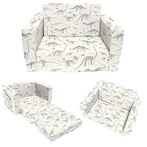 Hän Babos Kids Couch, 2-in-1 Convertible Sofa to Lounger, Comfy Flip-Out Couch Chair/Sleeper Bed for Toddler Boys and Girls (Dinasour Fossil)