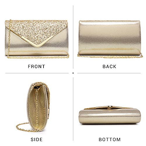 Dasein Women Evening Bags Formal Clutch Purses for Wedding Party Prom Handbags with Shoulder Strap and Glitter Flap (Gold)