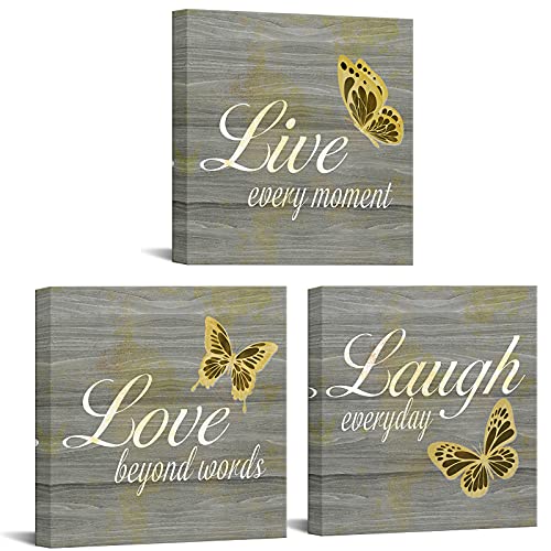 FuShvre 3 Piece Live Love Laugh Wall Art Decor Inspirational Quote with Butterfly Canvas Painting Picture Vintage Sign Poster for Office Bathroom Living Room Kitchen Framed 12x12x3pcs