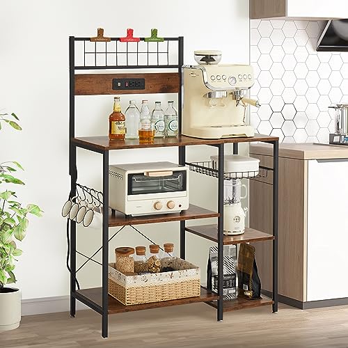 Leesingdo Kitchen Bakers Rack with Power Outlet, Microwave Stand, Coffee Bar Kitchen Storage Rack with Wire Basket, 6 Hooks, Kitchen Shelves for Spices, Pots, and Pans, Rustic Brown
