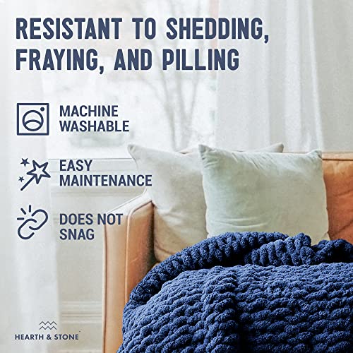 Chunky Knit Blanket Throw - 50"x60" 3.7 lbs. - Soft Chenille Yarn Knitted Blanket - Machine Washable Crochet Blanket - Handmade Cable Knit Throw Blanket for Couch, Bed (Navy Blue)