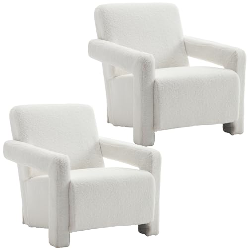 DM Furniture Modern Accent Chairs Set of 2, Cozy Sherpa Side Chairs Contemporary Reading Chair Single Sofa Slipper Chair for Bedroom/Living Room/Guest Room, White