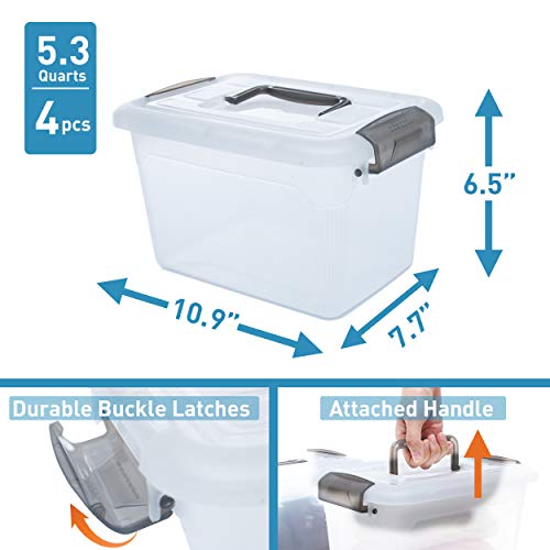 Citylife 4 Packs 5.3 QT Storage Bins with Lids Clear Plastic Bins with Grey Handle Stackable Storage Containers for Organizing