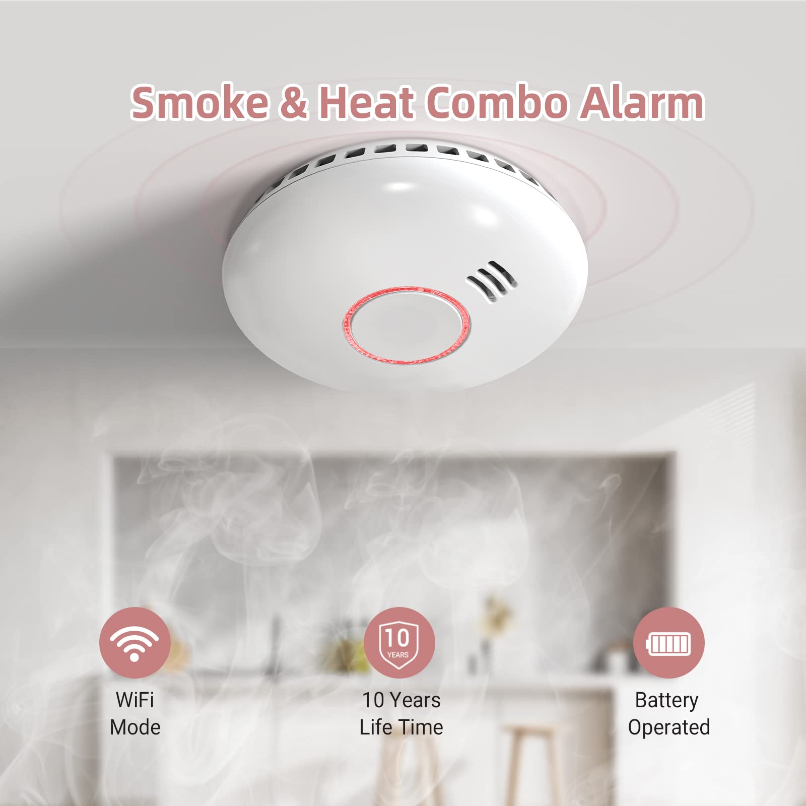 Putogesafe Smart Smoke Detector, Wireless WiFi Smoke Detector with App Control, WiFi Smoke Alarm with LED & Silence Button, Fire Alarm with Photoelectric Sensor for Home, Low Battery Warning, 2 Pack