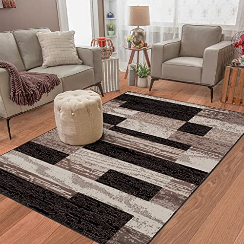 SUPERIOR Indoor Large Area Rug with Jute Backing, Modern Geometric Patchwork Floor Decor for Bedroom, Office, Living Room, Entryway, Hardwood Floors, Rockwood Collection, 10' x 14', Chocolate