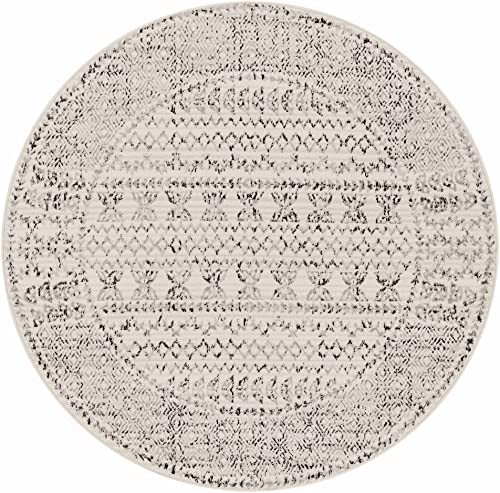 Greig Bohemian Farmhouse Living Room Bedroom Area Rug - Neutral Boho Carpet - Bordered - Off White, Black, Grey, Beige - 6'7" x 9'
