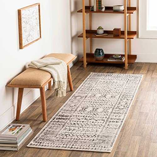 Greig Bohemian Farmhouse Living Room Bedroom Area Rug - Neutral Boho Carpet - Bordered - Off White, Black, Grey, Beige - 6'7" x 9'