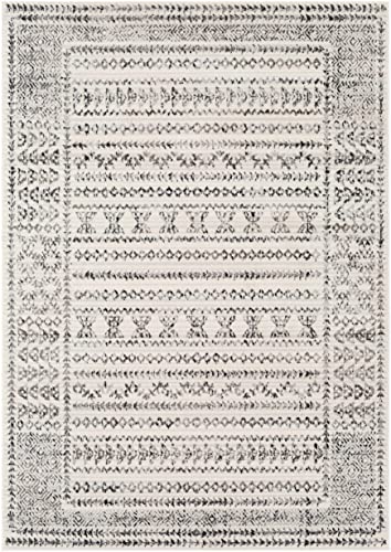 Greig Bohemian Farmhouse Living Room Bedroom Area Rug - Neutral Boho Carpet - Bordered - Off White, Black, Grey, Beige - 6'7" x 9'