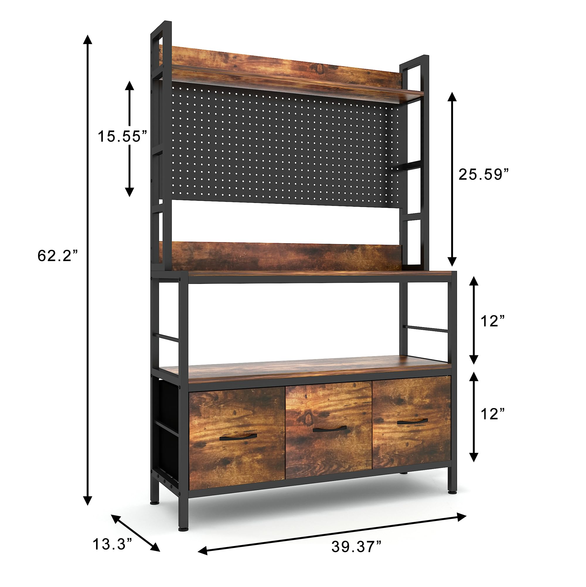 NAIYUFA 5-Tier Free Standing Bakers Rack with Pegboard, Metal Kitchen Storage Shelf Organizer, Industrial Microwave Oven Stand with Hooks and Baskets