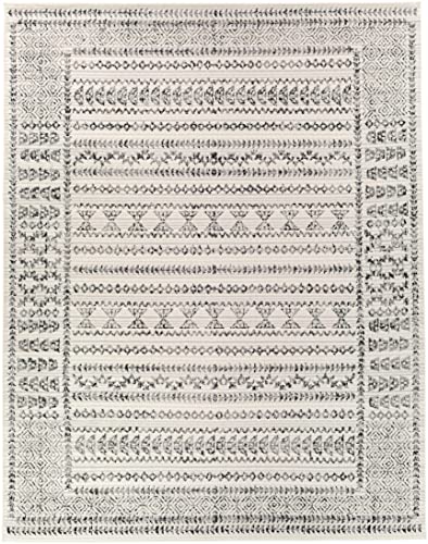 Greig Bohemian Farmhouse Living Room Bedroom Area Rug - Neutral Boho Carpet - Bordered - Off White, Black, Grey, Beige - 6'7" x 9'
