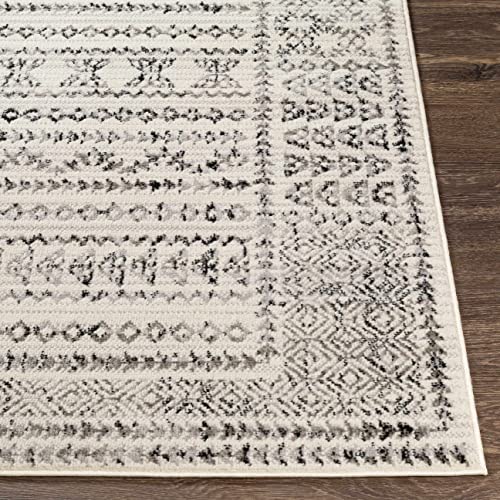 Greig Bohemian Farmhouse Living Room Bedroom Area Rug - Neutral Boho Carpet - Bordered - Off White, Black, Grey, Beige - 6'7" x 9'