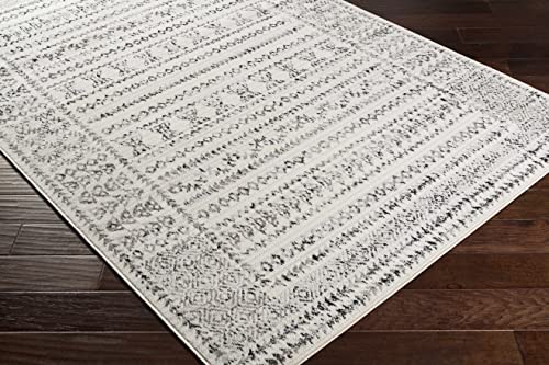 Greig Bohemian Farmhouse Living Room Bedroom Area Rug - Neutral Boho Carpet - Bordered - Off White, Black, Grey, Beige - 6'7" x 9'