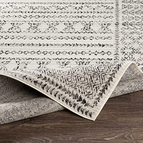 Greig Bohemian Farmhouse Living Room Bedroom Area Rug - Neutral Boho Carpet - Bordered - Off White, Black, Grey, Beige - 6'7" x 9'