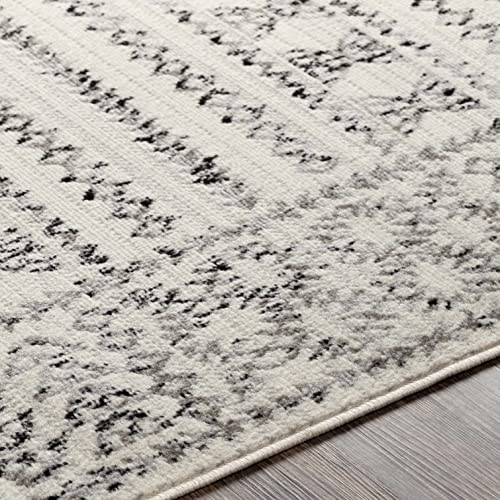 Greig Bohemian Farmhouse Living Room Bedroom Area Rug - Neutral Boho Carpet - Bordered - Off White, Black, Grey, Beige - 6'7" x 9'