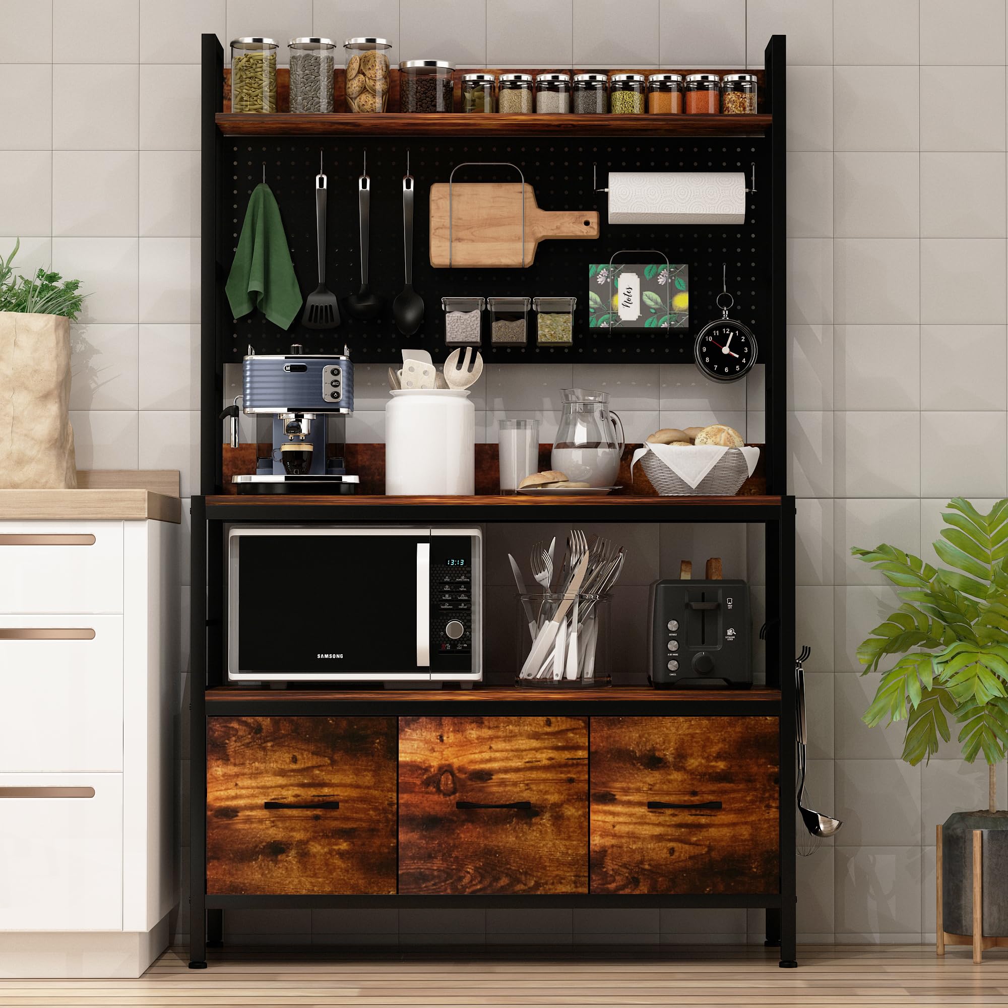 NAIYUFA 5-Tier Free Standing Bakers Rack with Pegboard, Metal Kitchen Storage Shelf Organizer, Industrial Microwave Oven Stand with Hooks and Baskets