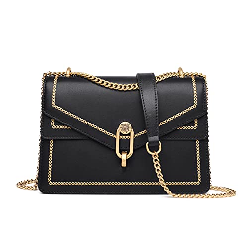 LAORENTOU Cow Leather Quilted Purse and Handbags for Women Satchel Shoulder Bags with Chain Strap, Ladies Chain Crossbody Bags (Black)