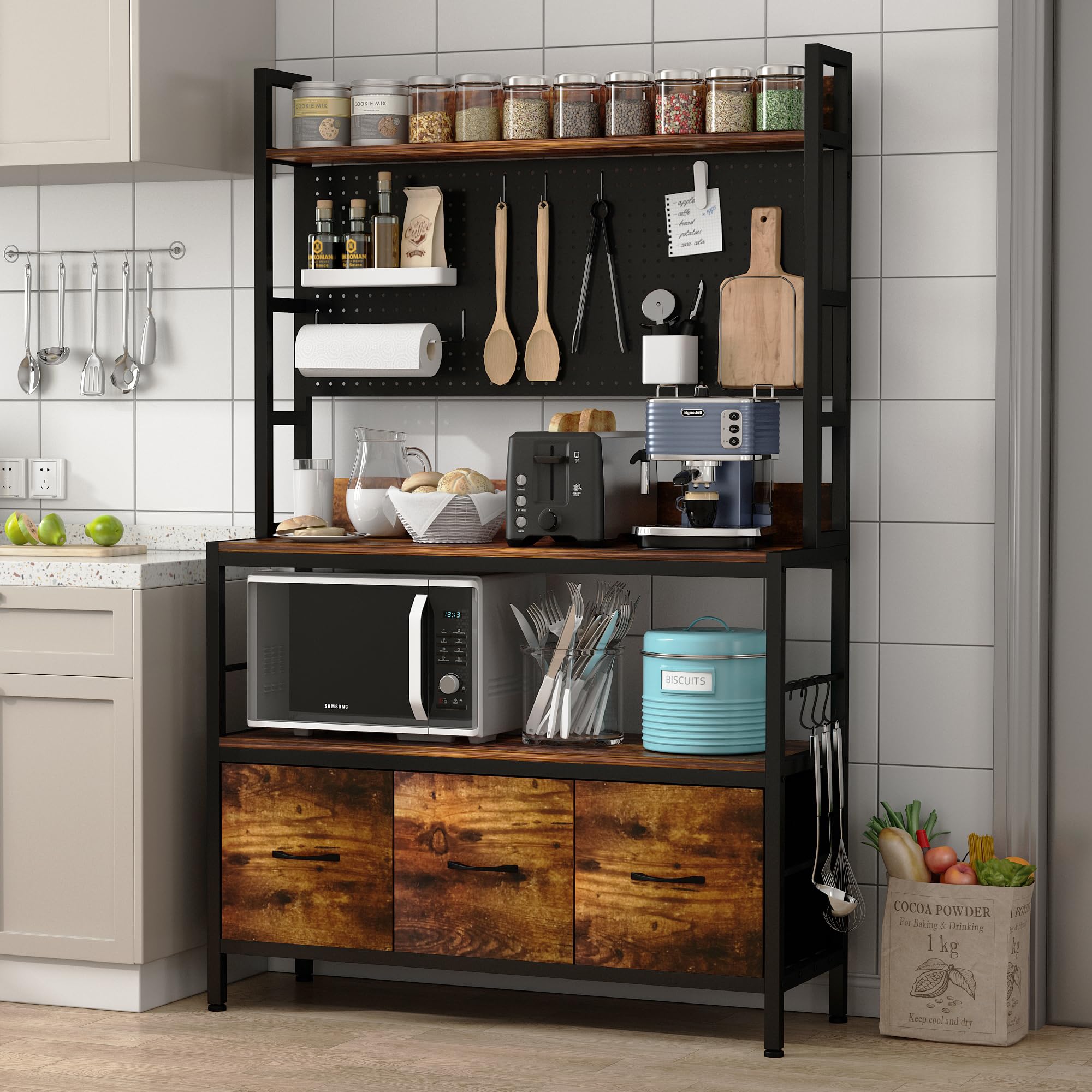 NAIYUFA 5-Tier Free Standing Bakers Rack with Pegboard, Metal Kitchen Storage Shelf Organizer, Industrial Microwave Oven Stand with Hooks and Baskets