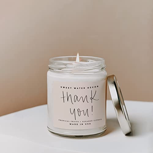 Sweet Water Decor Thank You Candle | Tropical Fruit and Sugared Orange, Summer Scented Soy Wax Candle for Home | 9oz Clear Jar, 40 Hour Burn Time, Made in The USA