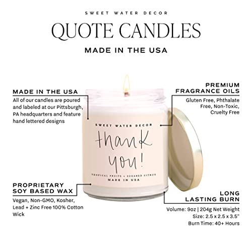 Sweet Water Decor Thank You Candle | Tropical Fruit and Sugared Orange, Summer Scented Soy Wax Candle for Home | 9oz Clear Jar, 40 Hour Burn Time, Made in The USA