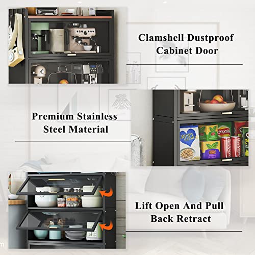 GILLAS 5-Tier Bakers Racks for Kitchen with Storage, Free-Standing Microwave Stand with Organzier Shelf, Kitchen Utility Storage Shelf with Flip Door Cabinet, Coffee Bar Cabinet, Black, Medium