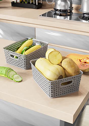 Weave Storage Organizer Baskets, Grey 6-Pack Plastic Woven Baskets, 10.1" x 7.55" x 4.1"