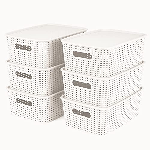 MBKO Plastic Storage Basket Bins - Stackable Pantry Organizer Container (Medium_White_6PK)