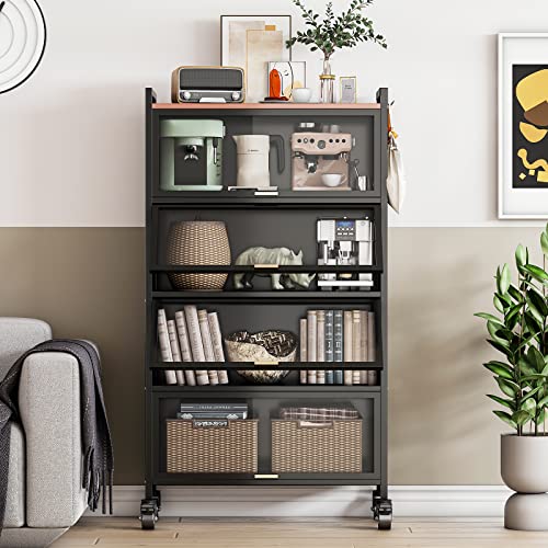 GILLAS 5-Tier Bakers Racks for Kitchen with Storage, Free-Standing Microwave Stand with Organzier Shelf, Kitchen Utility Storage Shelf with Flip Door Cabinet, Coffee Bar Cabinet, Black, Medium