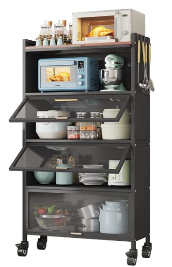 GILLAS 5-Tier Bakers Racks for Kitchen with Storage, Free-Standing Microwave Stand with Organzier Shelf, Kitchen Utility Storage Shelf with Flip Door Cabinet, Coffee Bar Cabinet, Black, Medium