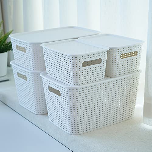 MBKO Plastic Storage Basket Bins - Stackable Pantry Organizer Container (Medium_White_6PK)