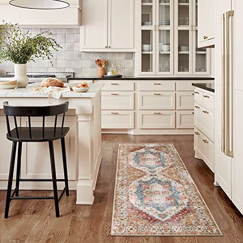 Lanffia Boho Rug Runner 2x5 Washable Persian Hallway Runner Rug Vintage Distressed Entry Throw Area Rug Non-Slip Low-Pile Floor Carpet for Kitchen Bathroom Laundry Room Bedroom, Yellow/Multi