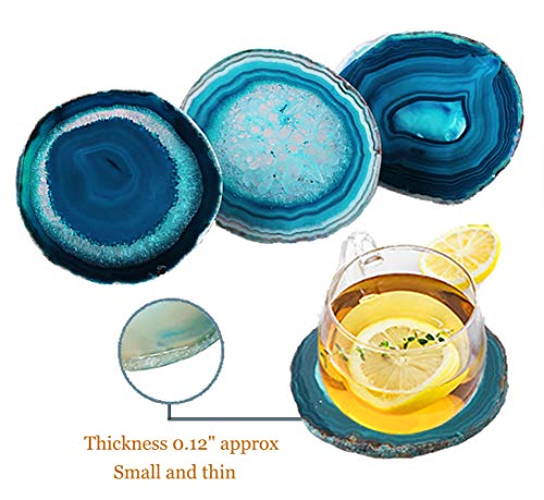 AMOYSTONE Teal Agate Coasters for Drinks Geode Coasters Set of 4 Crystal Quartz Rock Coasters Agate Slices with Rubber Bumpers 3-3.5"