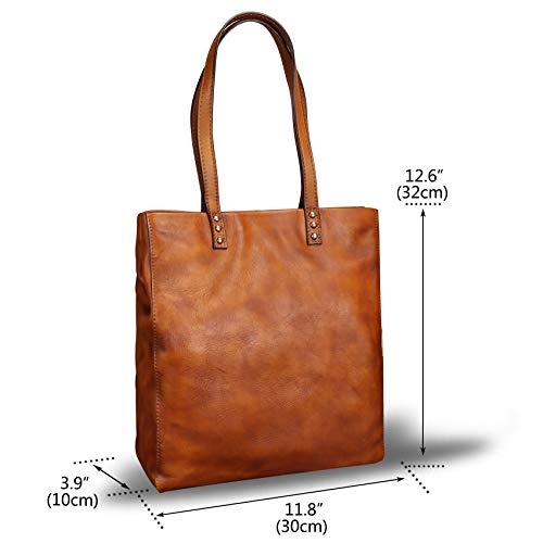Genuine Leather Tote Bag for Women Handmade Satchel Purses Shoulder Bags Retro Top Handle Handbags (Brown)
