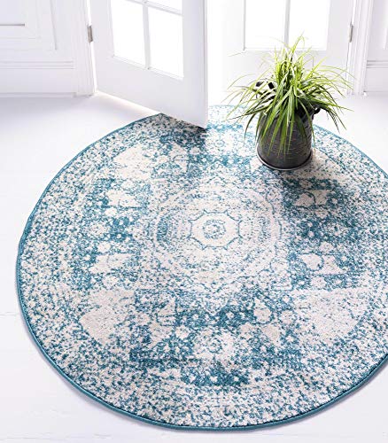 Rugs.com Dover Collection Rug – 5 Ft Round Turquoise Low-Pile Rug Perfect for Kitchens, Dining Rooms