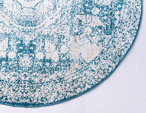 Rugs.com Dover Collection Rug – 5 Ft Round Turquoise Low-Pile Rug Perfect for Kitchens, Dining Rooms