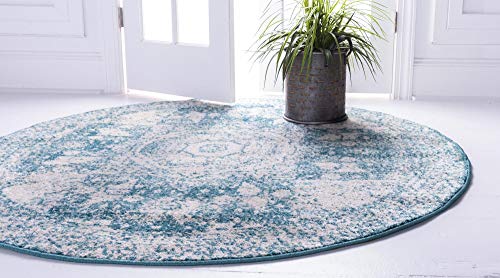 Rugs.com Dover Collection Rug – 5 Ft Round Turquoise Low-Pile Rug Perfect for Kitchens, Dining Rooms