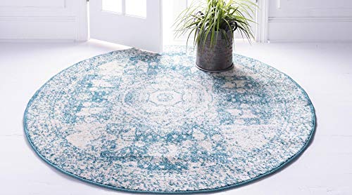Rugs.com Dover Collection Rug – 5 Ft Round Turquoise Low-Pile Rug Perfect for Kitchens, Dining Rooms