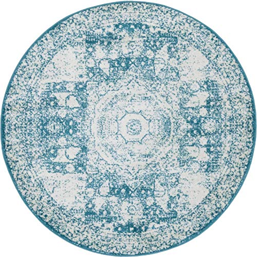 Rugs.com Dover Collection Rug – 5 Ft Round Turquoise Low-Pile Rug Perfect for Kitchens, Dining Rooms