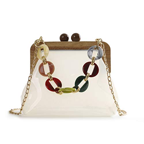YUSHINY Women Transparent PVC Plastic Handbag Crossbody Durable Evening Bag with Removable Acrylic Curb Shoulder Strap (White)