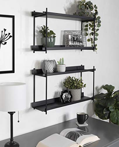 Kate and Laurel Dominic Modern Metal Shelf, 28 x 7 x 14.5, Black, Sleek 2-Tier Floating Book Shelves for Wall