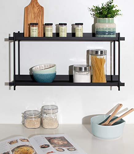 Kate and Laurel Dominic Modern Metal Shelf, 28 x 7 x 14.5, Black, Sleek 2-Tier Floating Book Shelves for Wall