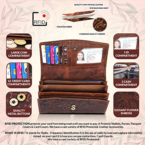 LEVOGUE RFID Flower embossed Leather Wallet for Women-Multi Credit Card Slots,Mobile case Coin Purse with ID Window-by VALENCHI (Cognac Vintage)